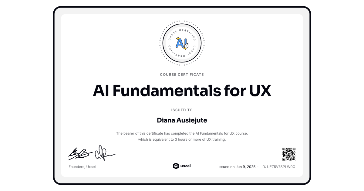 Certificate of completion for AI Fundamentals for UX | Uxcel