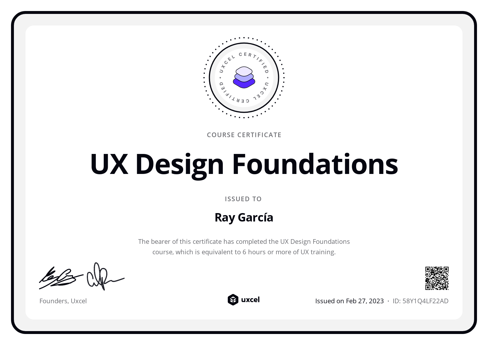 Certificate of completion for UX Design Foundations | Uxcel
