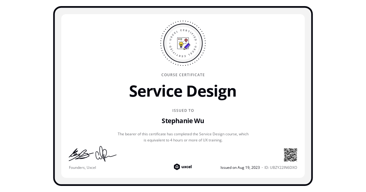 Certificate of completion for Service Design | Uxcel