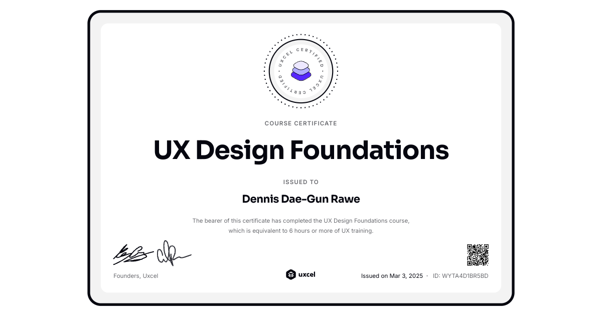 Certificate of completion for UX Design Foundations | Uxcel