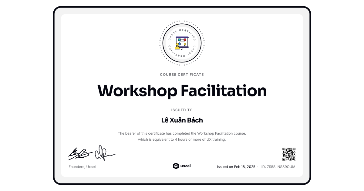Certificate of completion for Workshop Facilitation | Uxcel