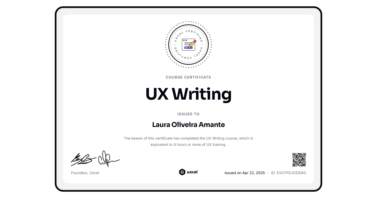 Certificate of completion for UX Writing | Uxcel