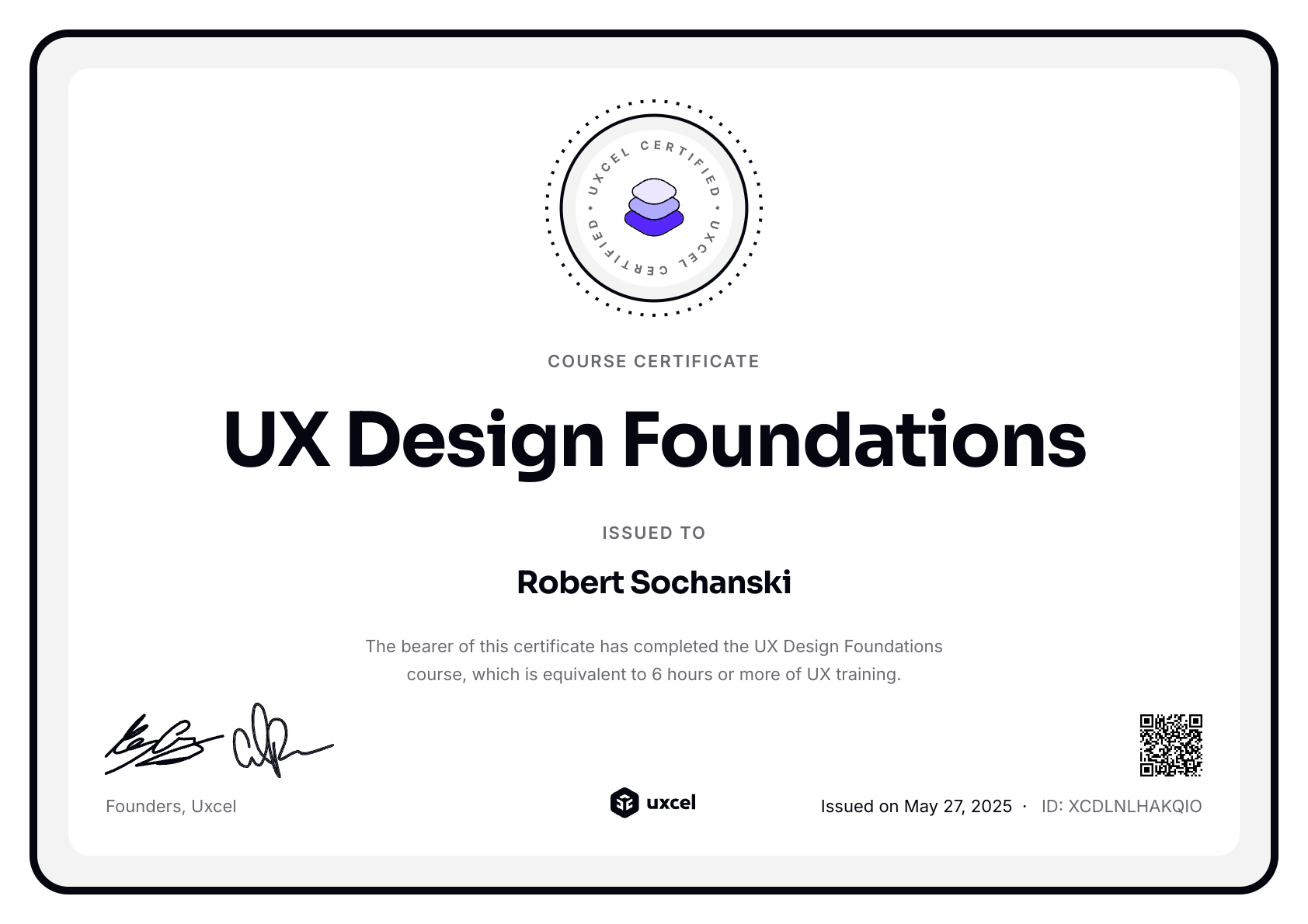 Certificate of completion for UX Design Foundations | Uxcel