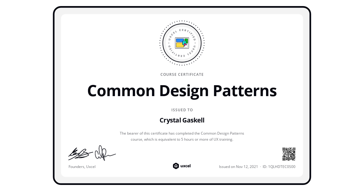 Certificate of completion for Common Design Patterns | Uxcel