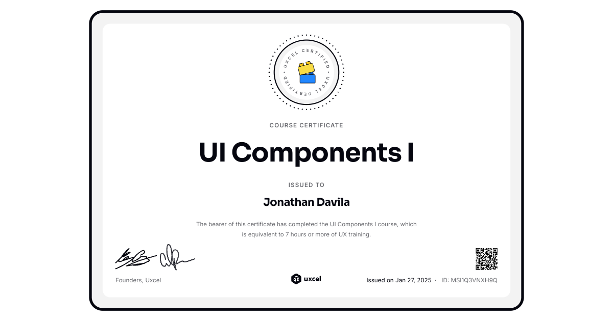 Certificate of completion for UI Components I | Uxcel