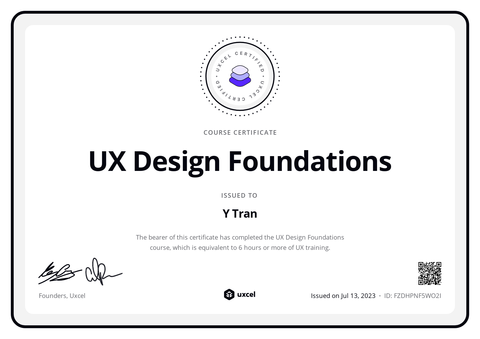 Certificate of completion for UX Design Foundations | Uxcel