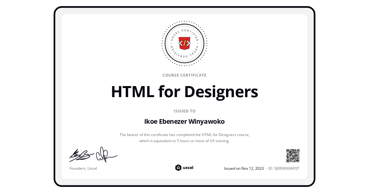 Certificate of completion for HTML Foundations | Uxcel
