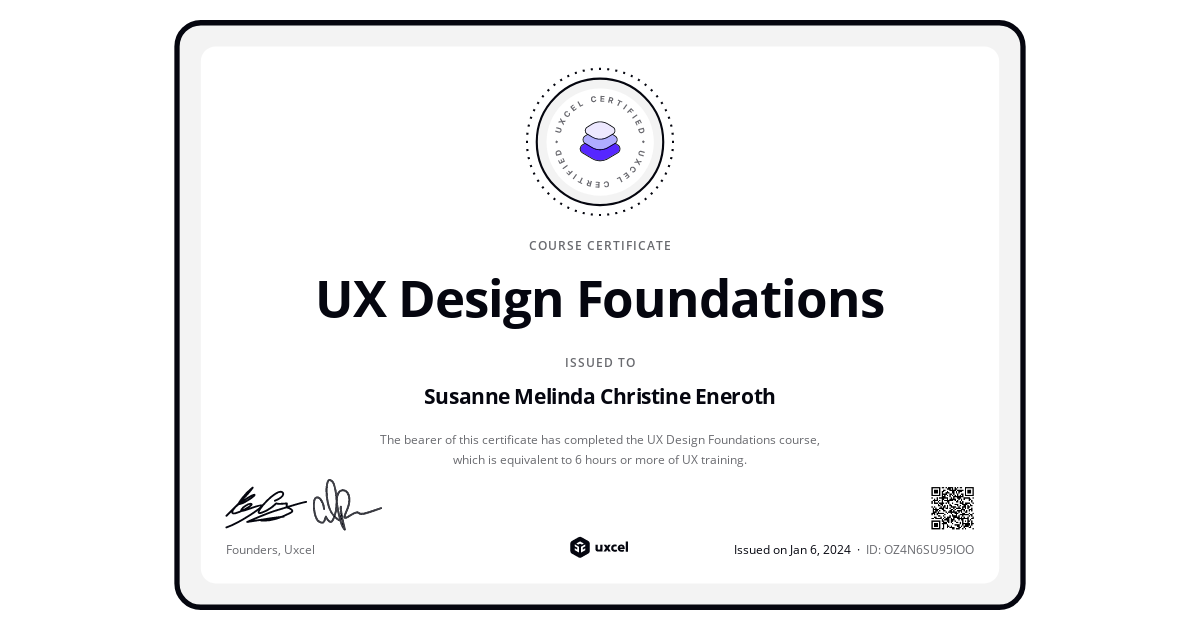 Certificate of completion for UX Design Foundations | Uxcel