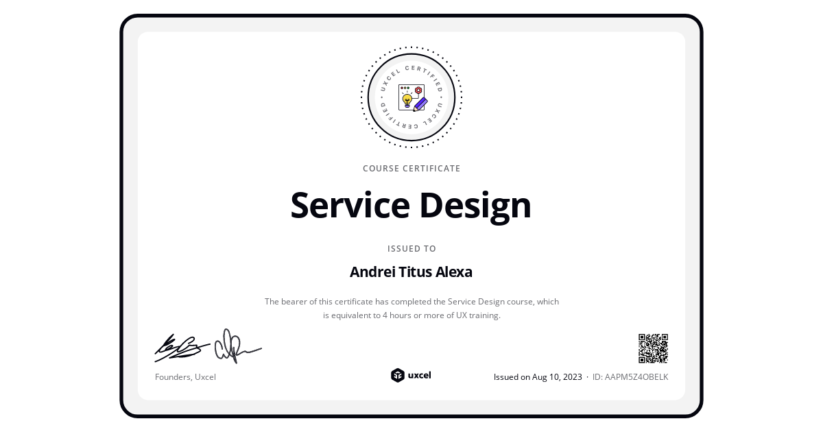 Certificate of completion for Service Design | Uxcel