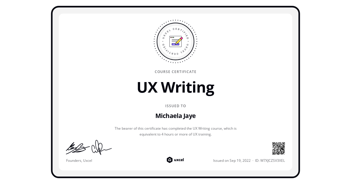 Certificate of completion for UX Writing | Uxcel