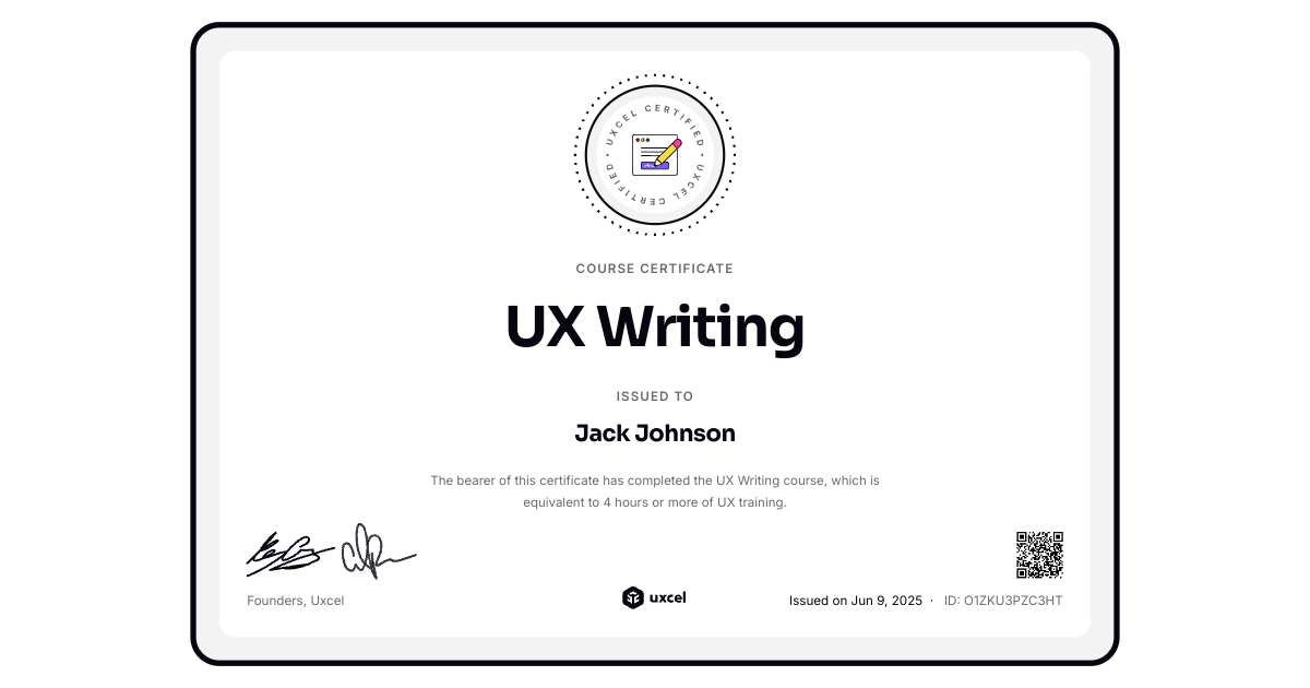 Certificate of completion for UX Writing | Uxcel