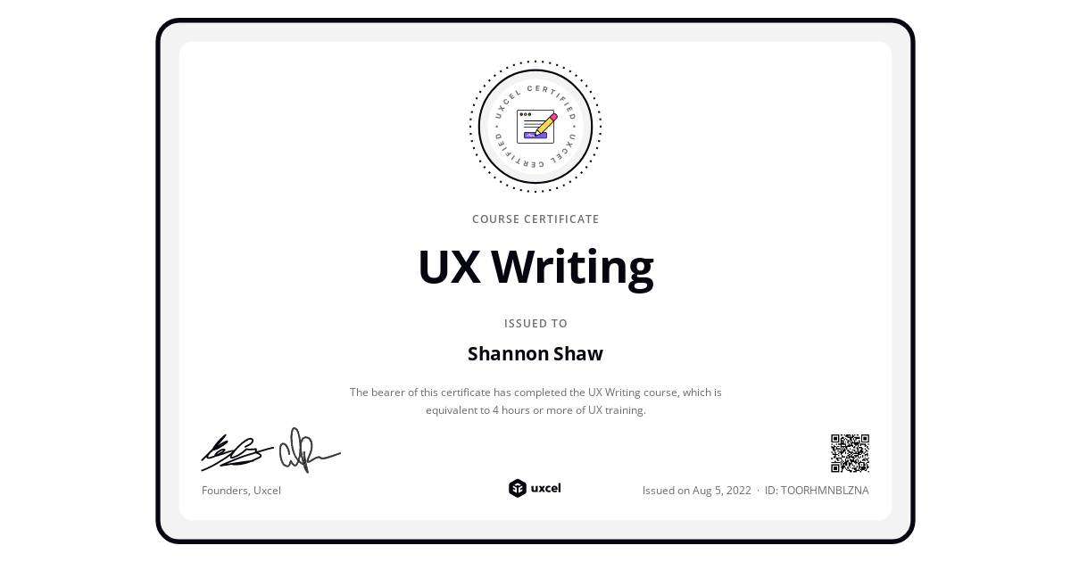 Certificate of completion for UX Writing | Uxcel