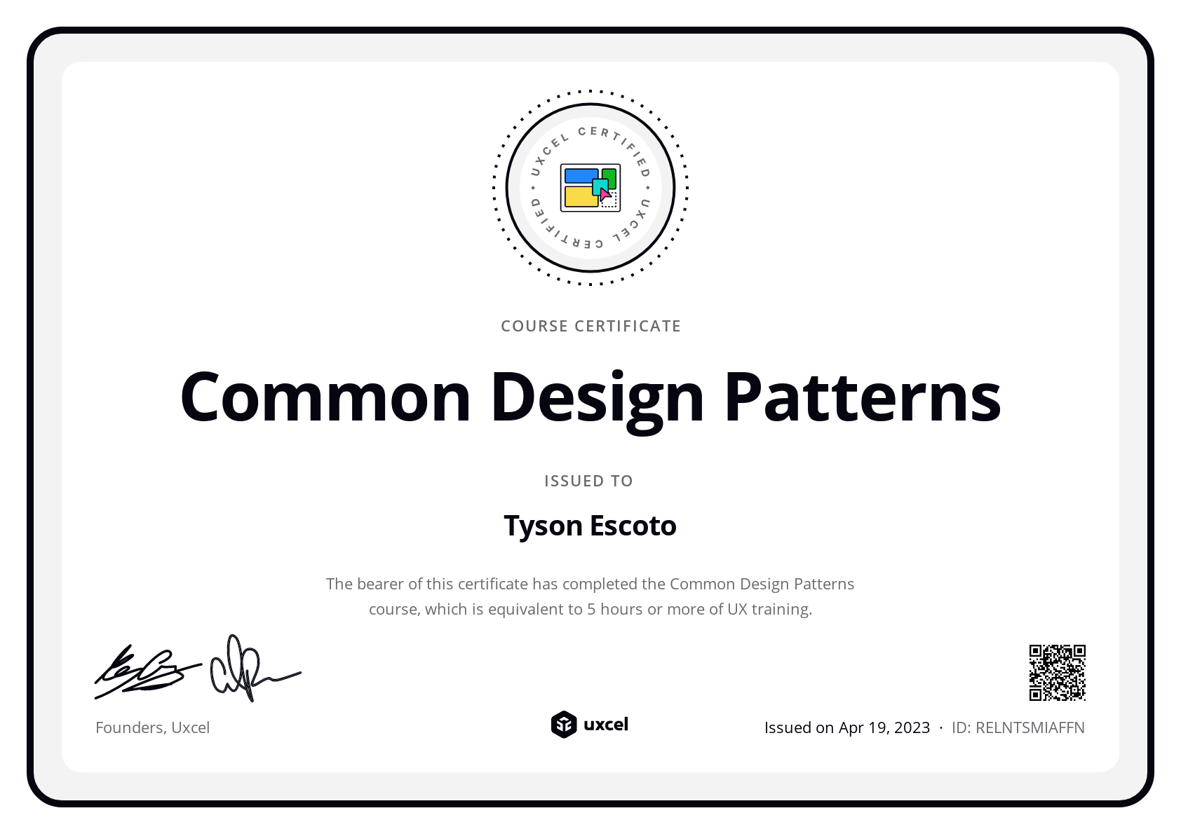 Certificate of completion for Common Design Patterns | Uxcel