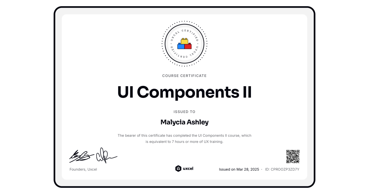 Certificate of completion for UI Components II | Uxcel