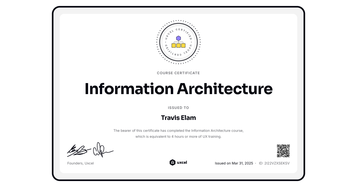 Certificate of completion for Information Architecture | Uxcel
