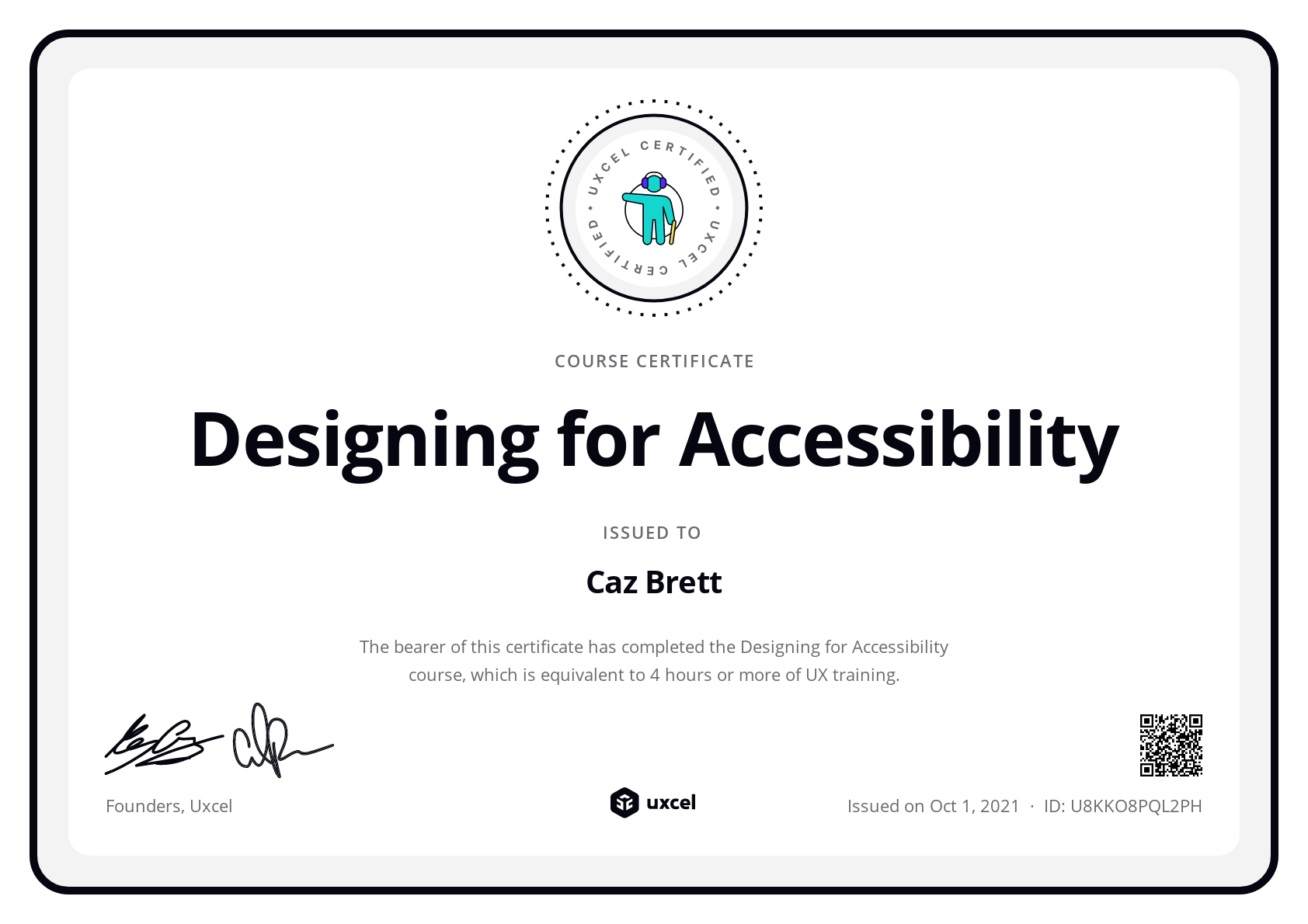 Certificate of completion for Accessibility Foundations | Uxcel