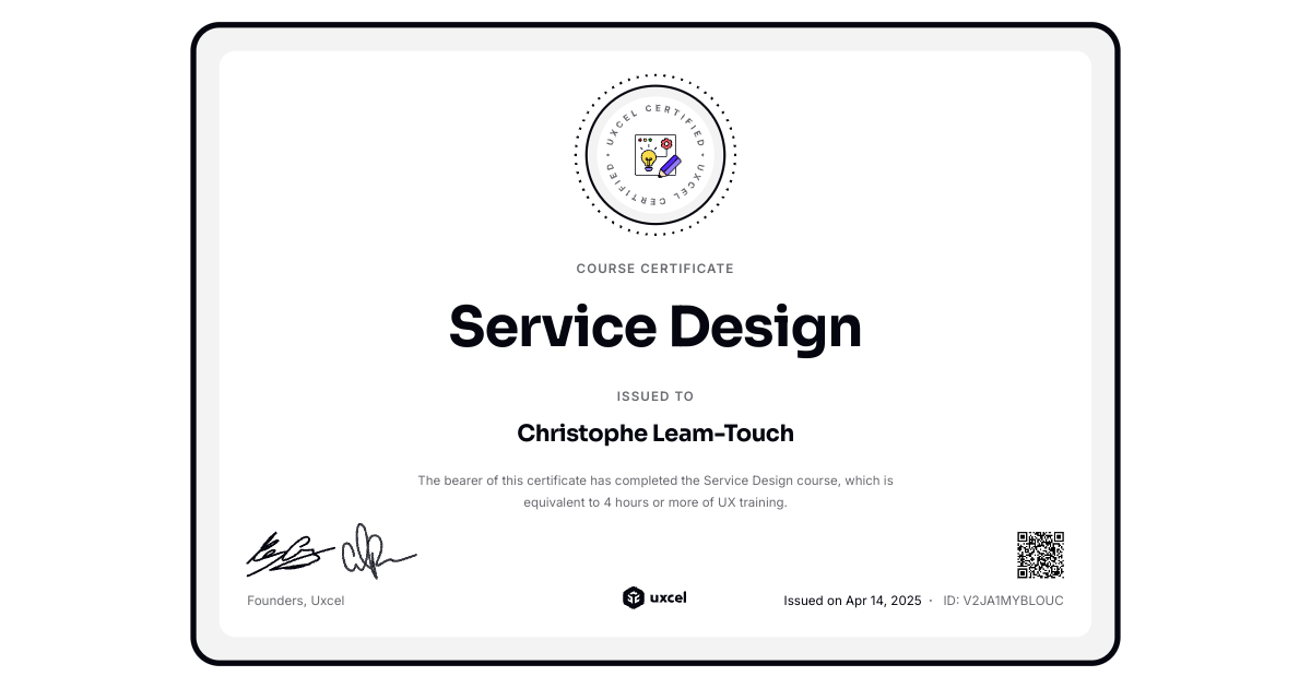 Certificate of completion for Service Design | Uxcel