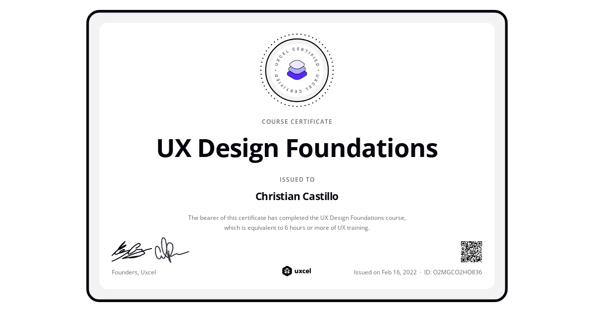 Certificate of completion for UX Design Foundations | Uxcel