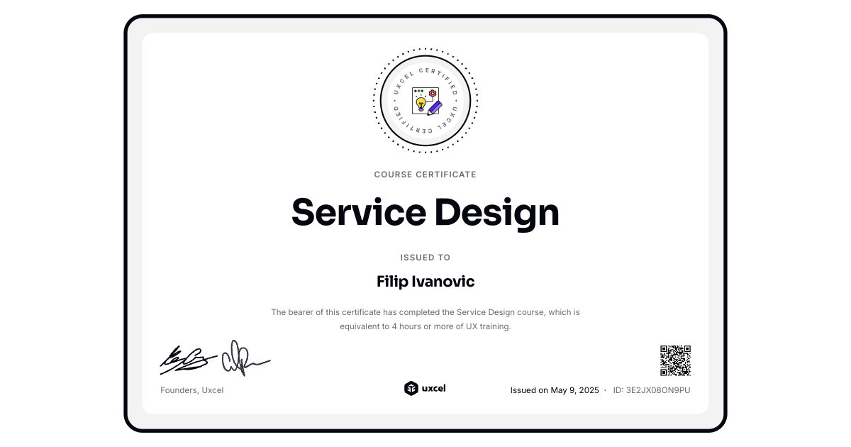 Certificate of completion for Service Design | Uxcel