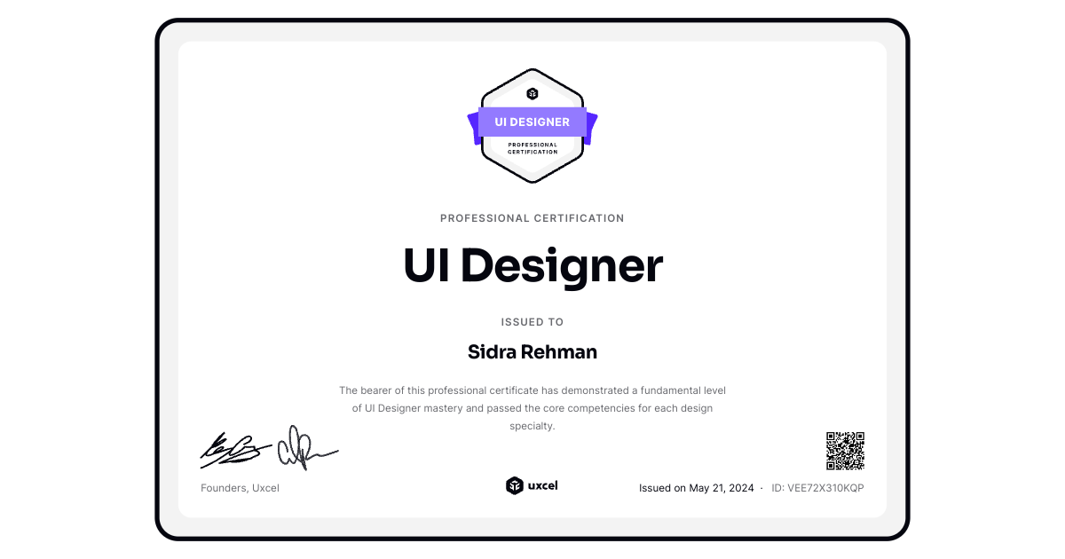 Uxcel Certification Certificate of Completion | Uxcel