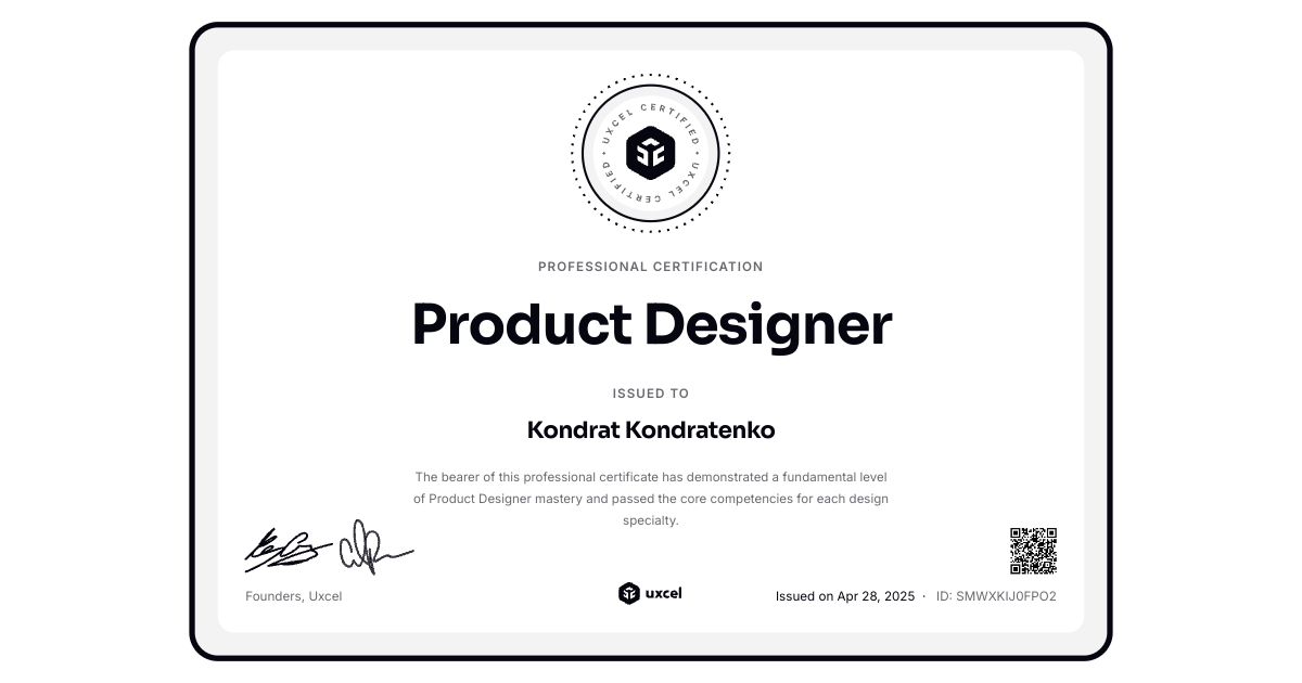 Certificate of completion for Product Designer | Uxcel