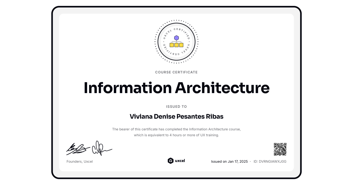 Certificate of completion for Information Architecture | Uxcel