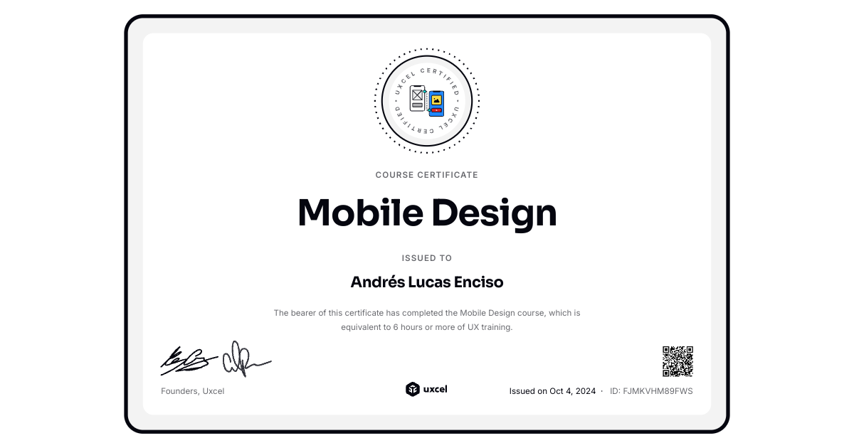 Certificate of completion for Mobile Design | Uxcel