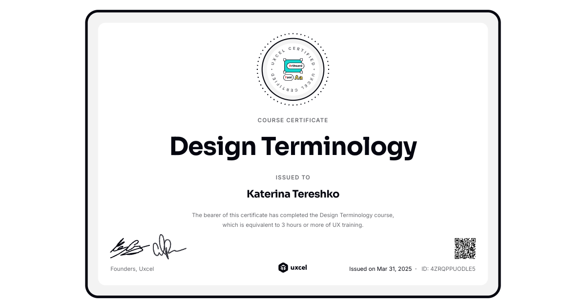 Certificate of completion for Design Terminology | Uxcel