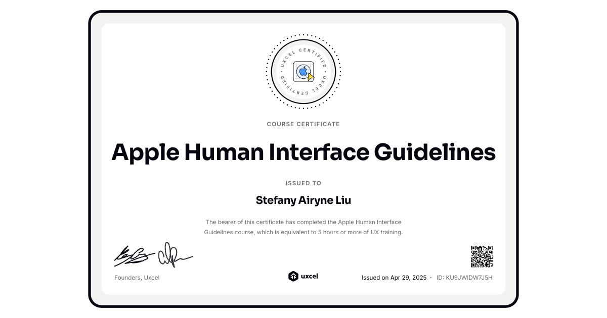 Certificate of completion for Apple Human Interface Guidelines | Uxcel