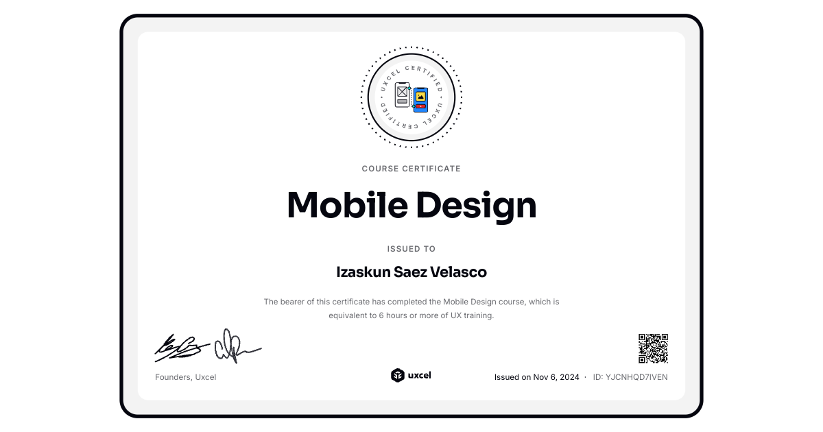 Certificate of completion for Mobile Design | Uxcel