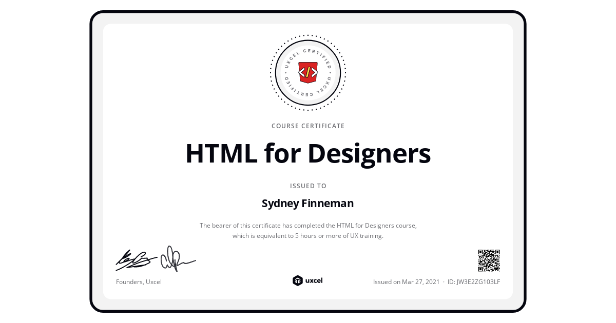 Certificate of completion for HTML Foundations | Uxcel
