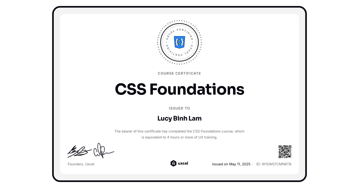 Certificate of completion for CSS Foundations | Uxcel