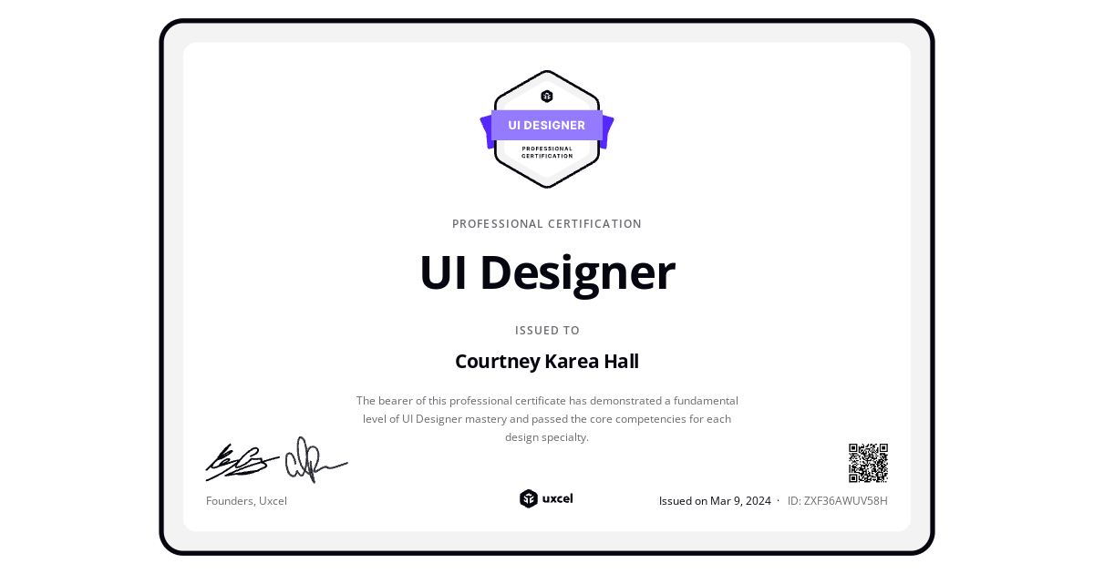 Certificate of completion for UI Designer | Uxcel
