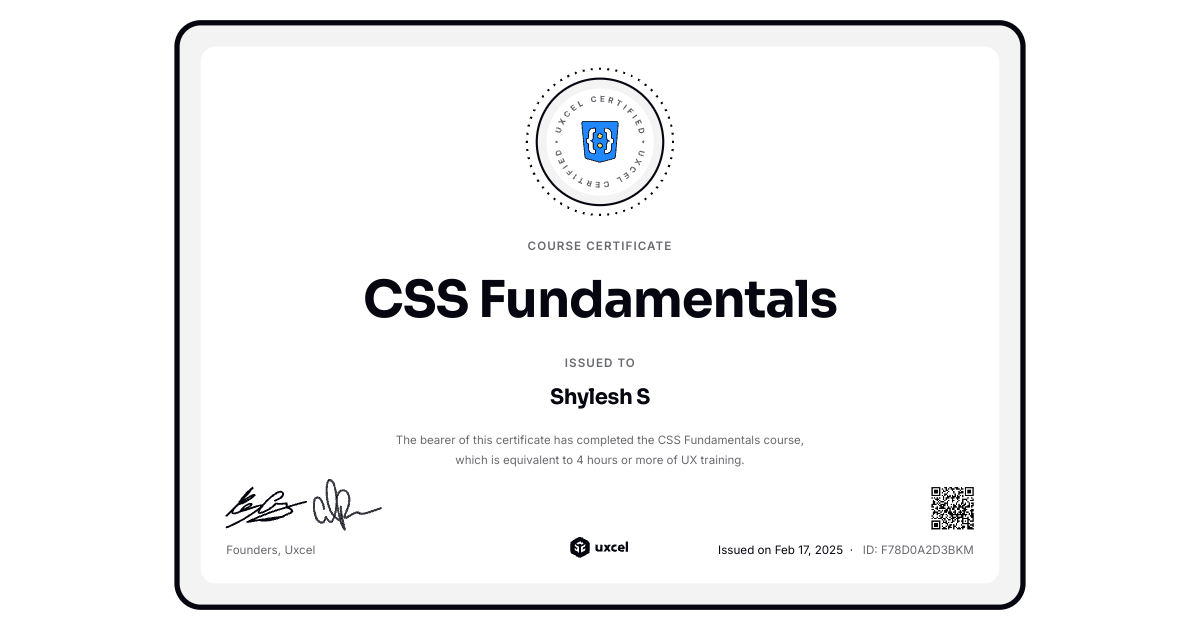 Certificate of completion for CSS Foundations | Uxcel