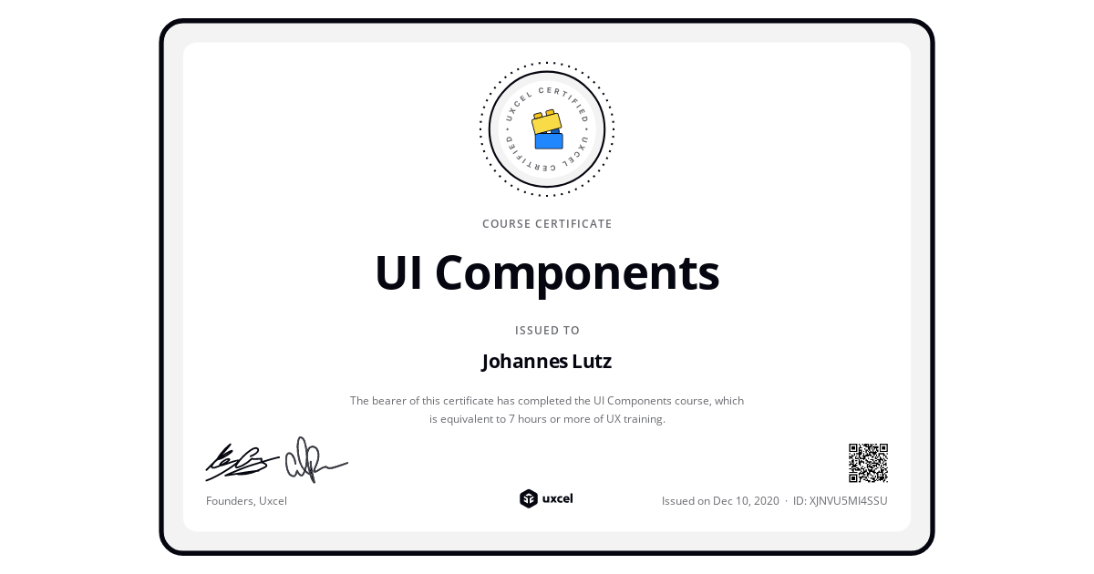 Certificate of completion for UI Components I | Uxcel