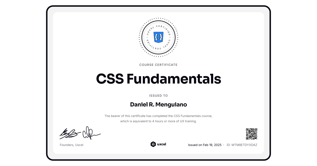 Certificate of completion for CSS Foundations | Uxcel