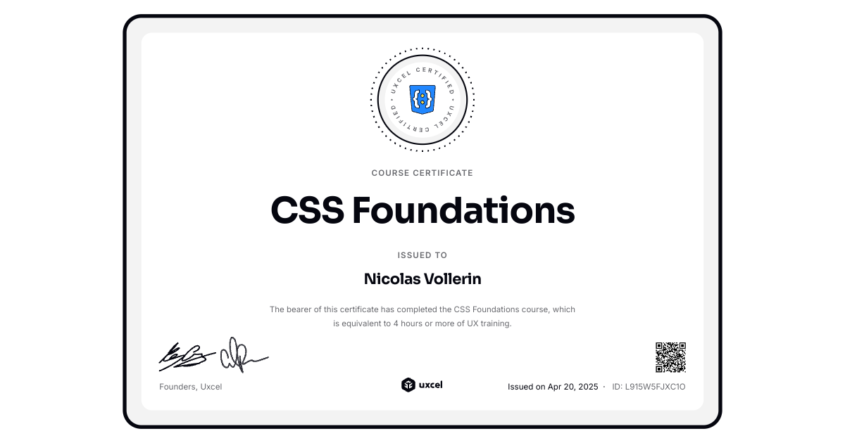 Certificate of completion for CSS Foundations | Uxcel