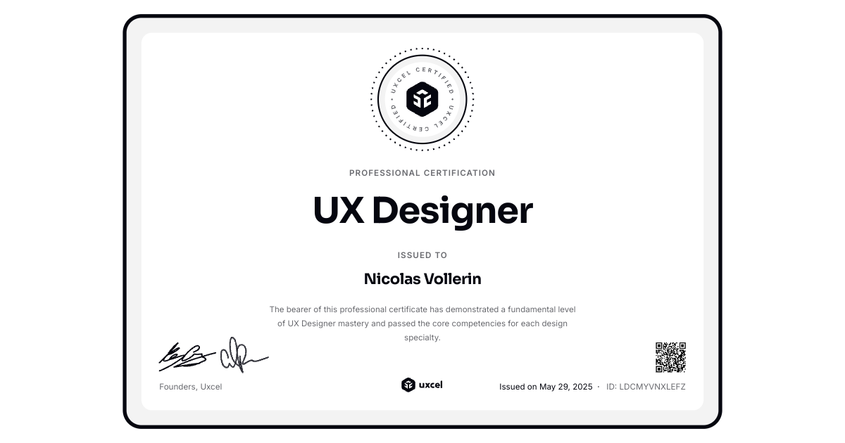 Certificate of completion for UX Designer | Uxcel