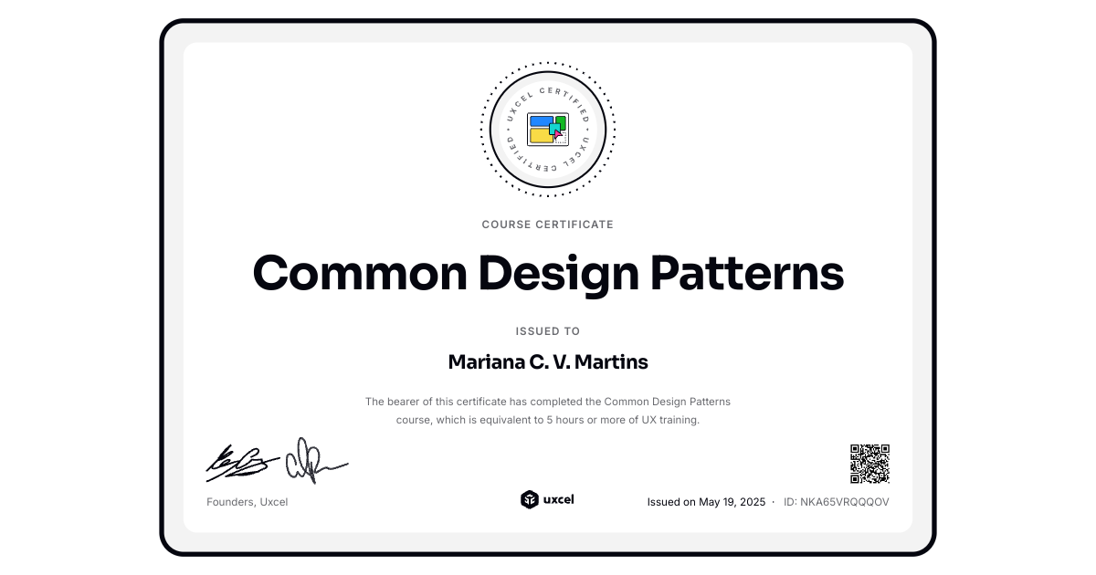 Certificate of completion for Common Design Patterns | Uxcel