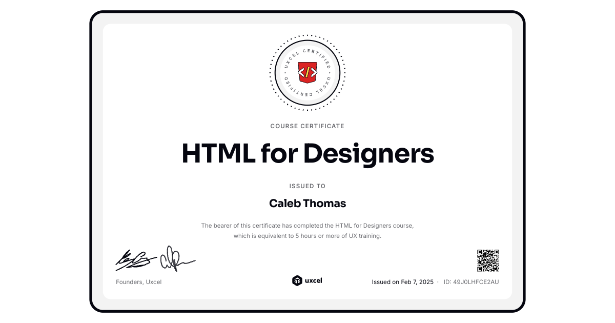 Certificate of completion for HTML Foundations | Uxcel