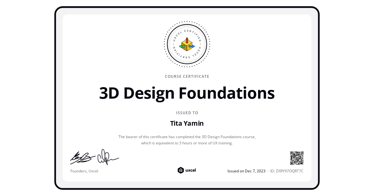 Certificate of completion for 3D Design Foundations | Uxcel