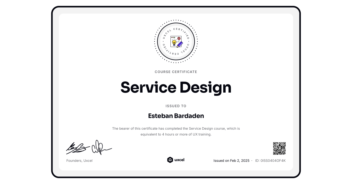 Certificate of completion for Service Design | Uxcel