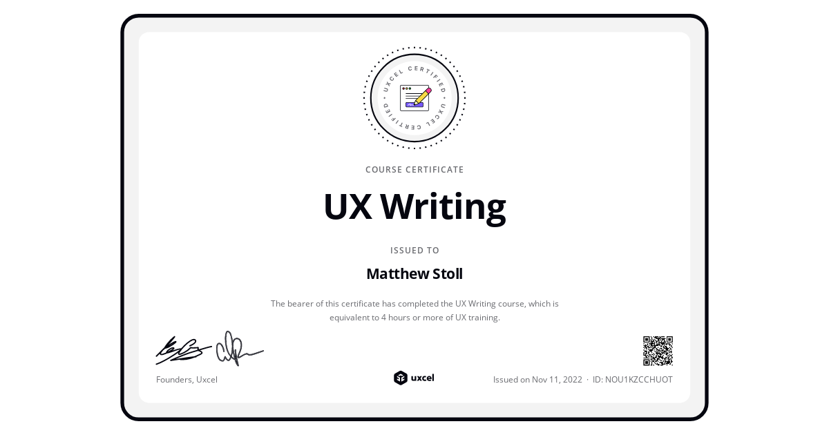 Certificate of completion for UX Writing | Uxcel