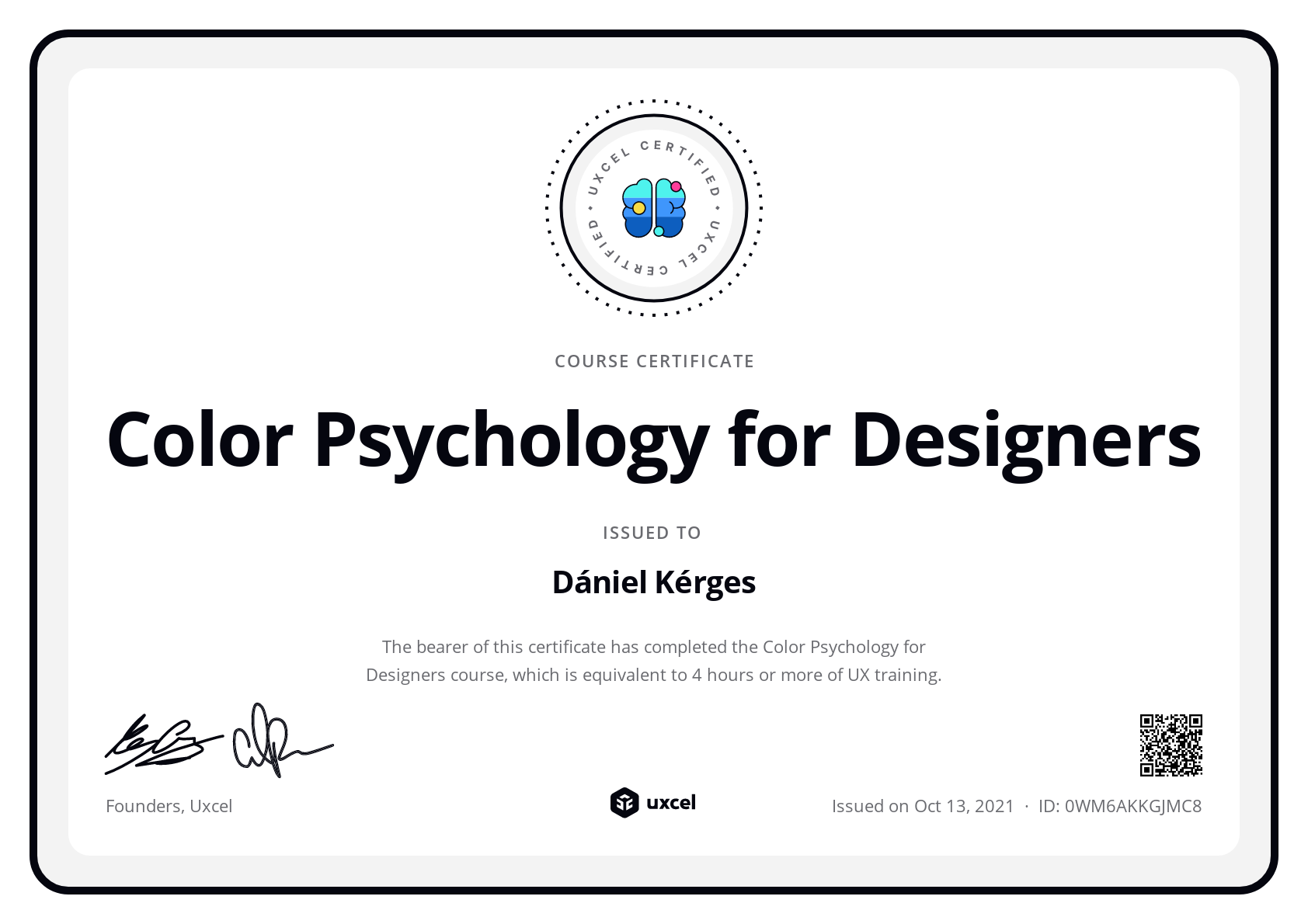 Certificate of completion for Color Psychology | Uxcel