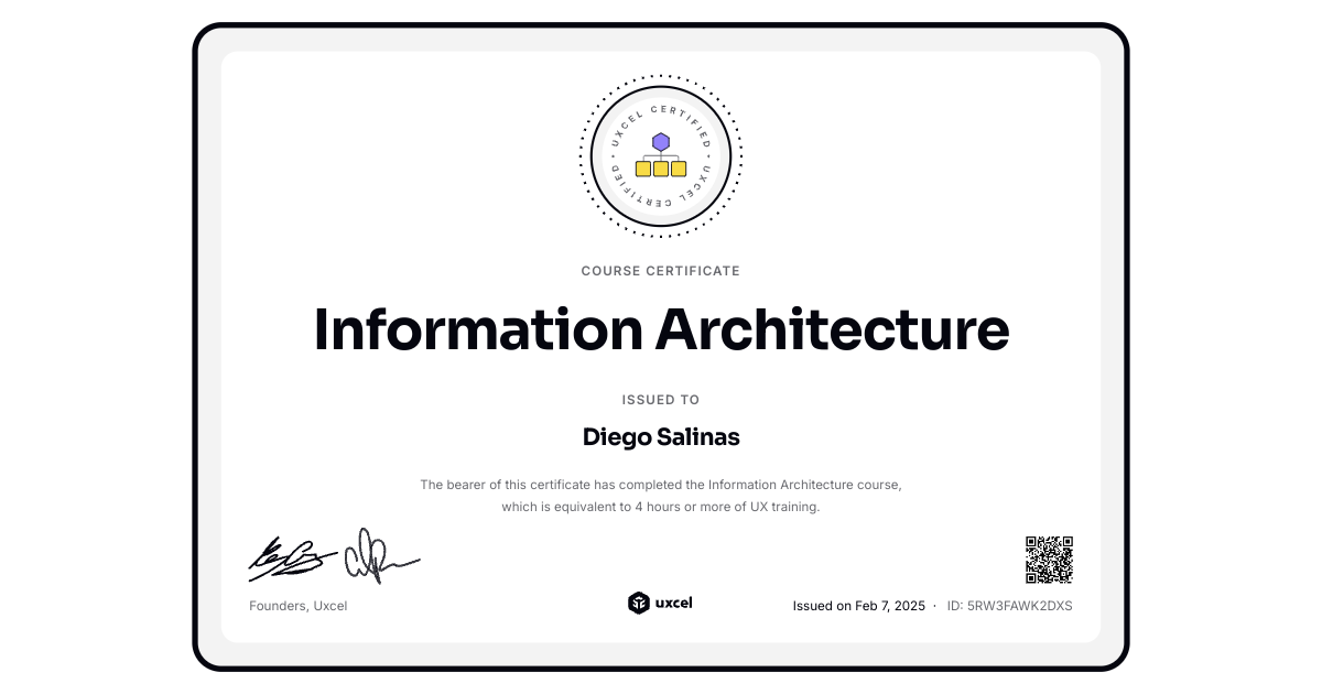 Certificate of completion for Information Architecture | Uxcel