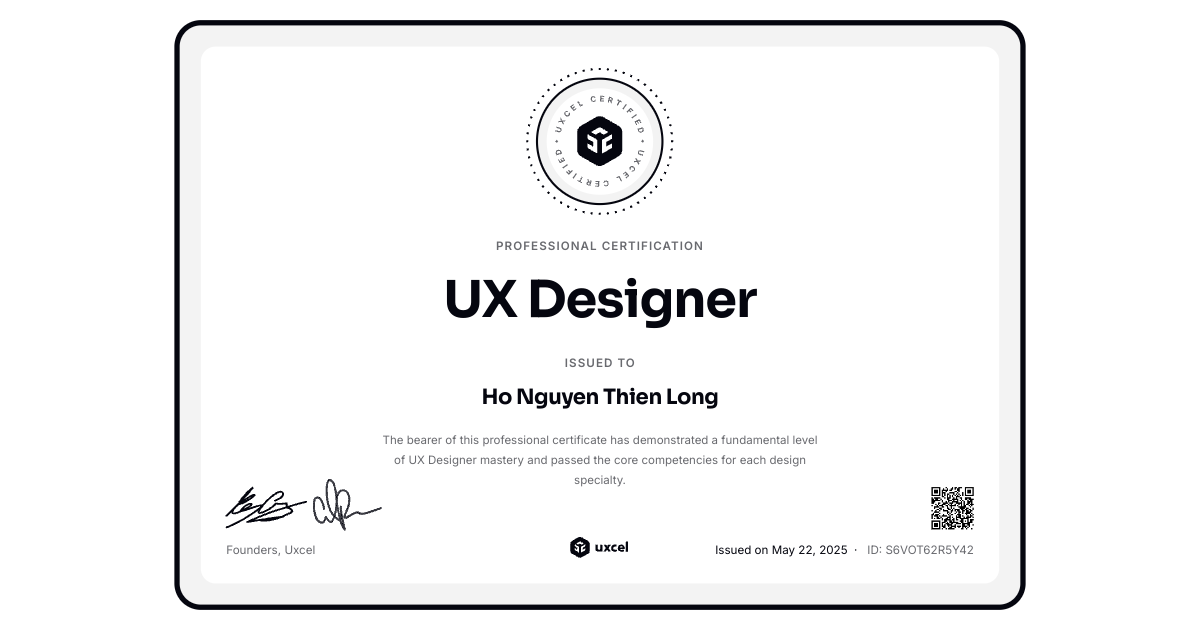 Certificate of completion for UX Designer | Uxcel