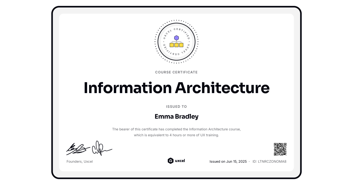 Certificate of completion for Information Architecture | Uxcel