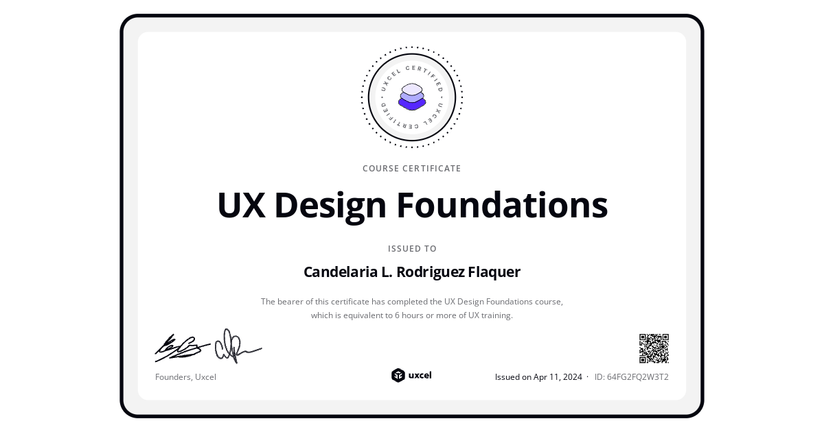 Certificate of completion for UX Design Foundations | Uxcel