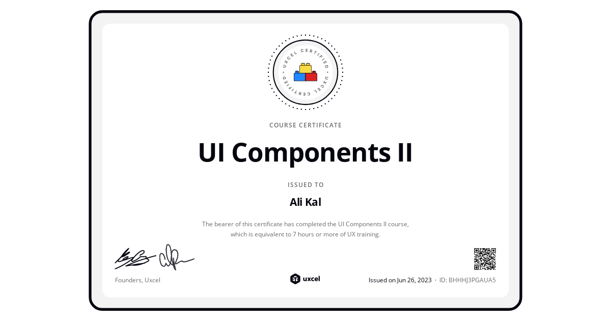 Certificate of completion for UI Components II | Uxcel