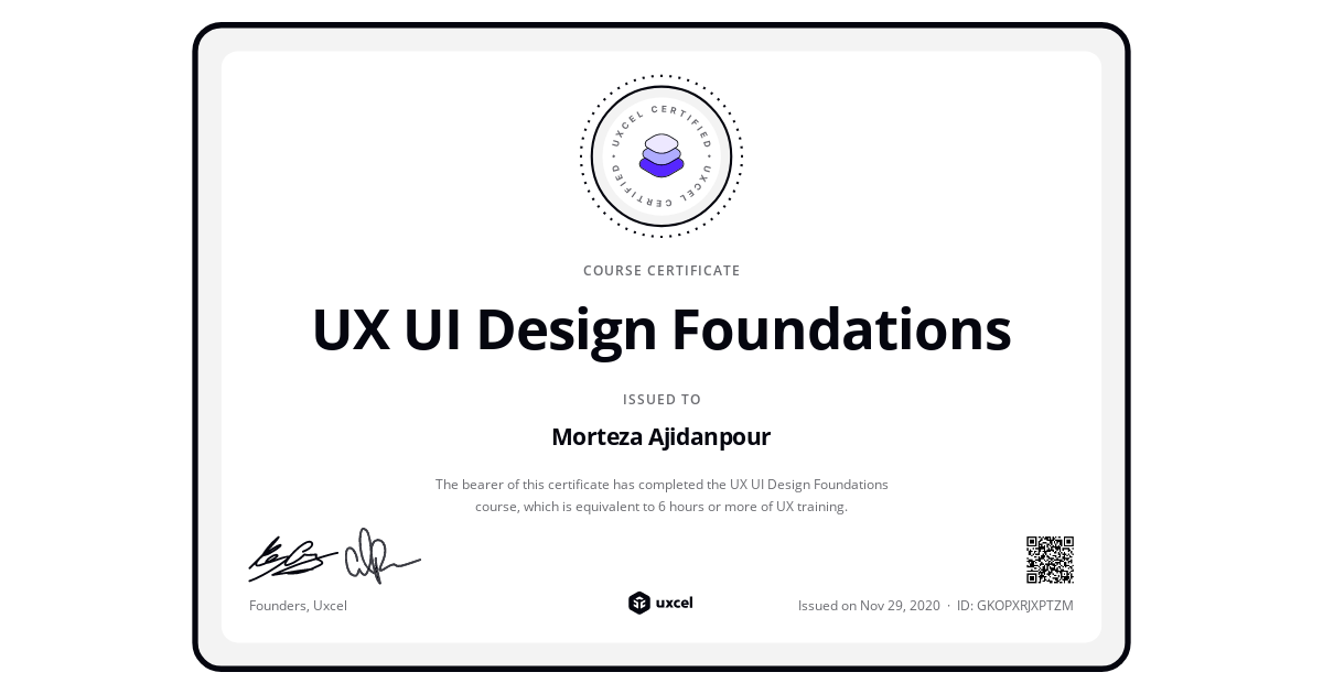 Certificate of completion for UX Design Foundations | Uxcel